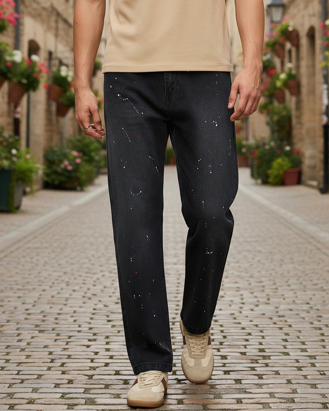 Buy Men's Black Paint Splatter Printed Washed Straight Fit Jeans Online ...