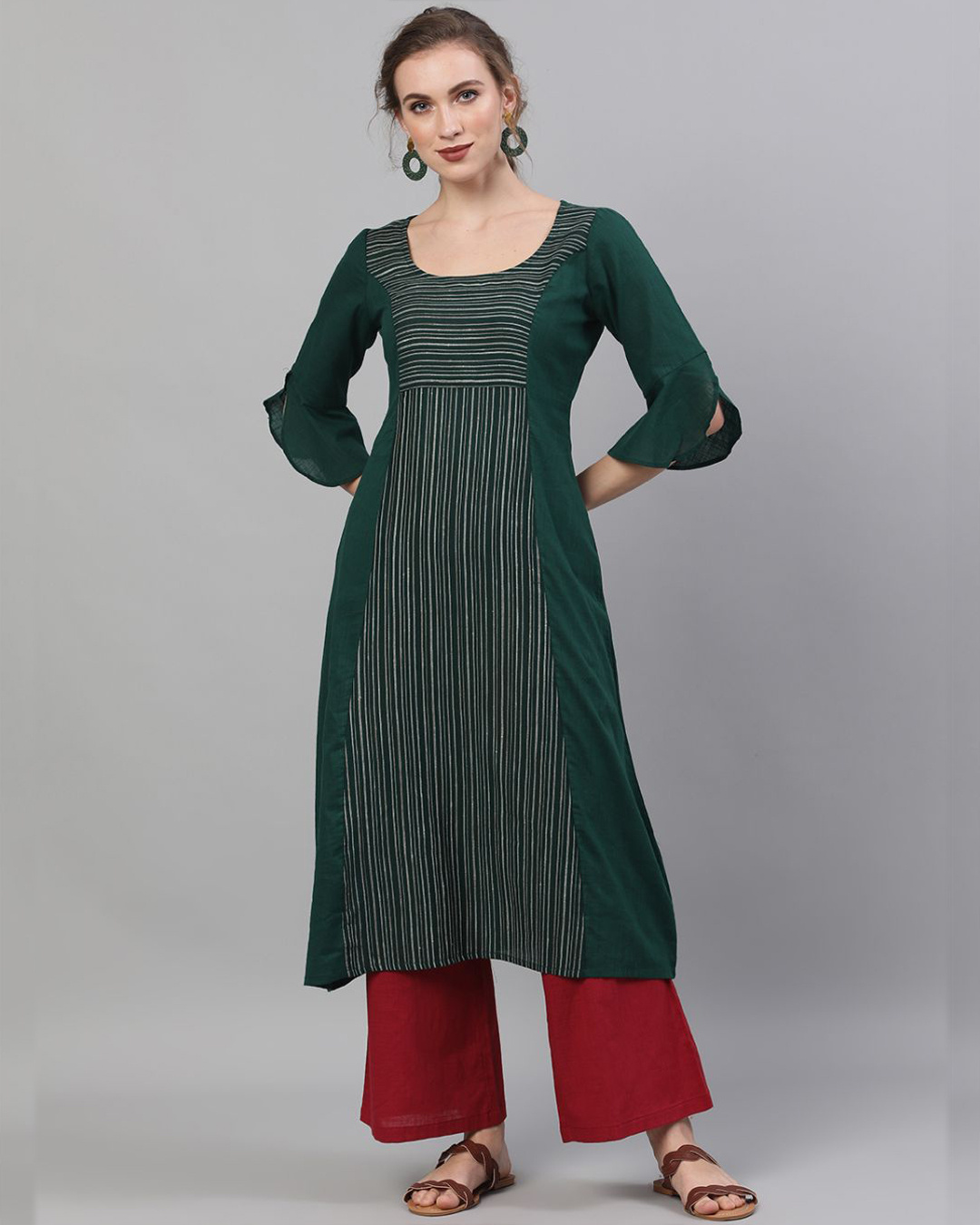 Buy AKS Green Striped Woven Design A-Line Kurta Online at Bewakoof