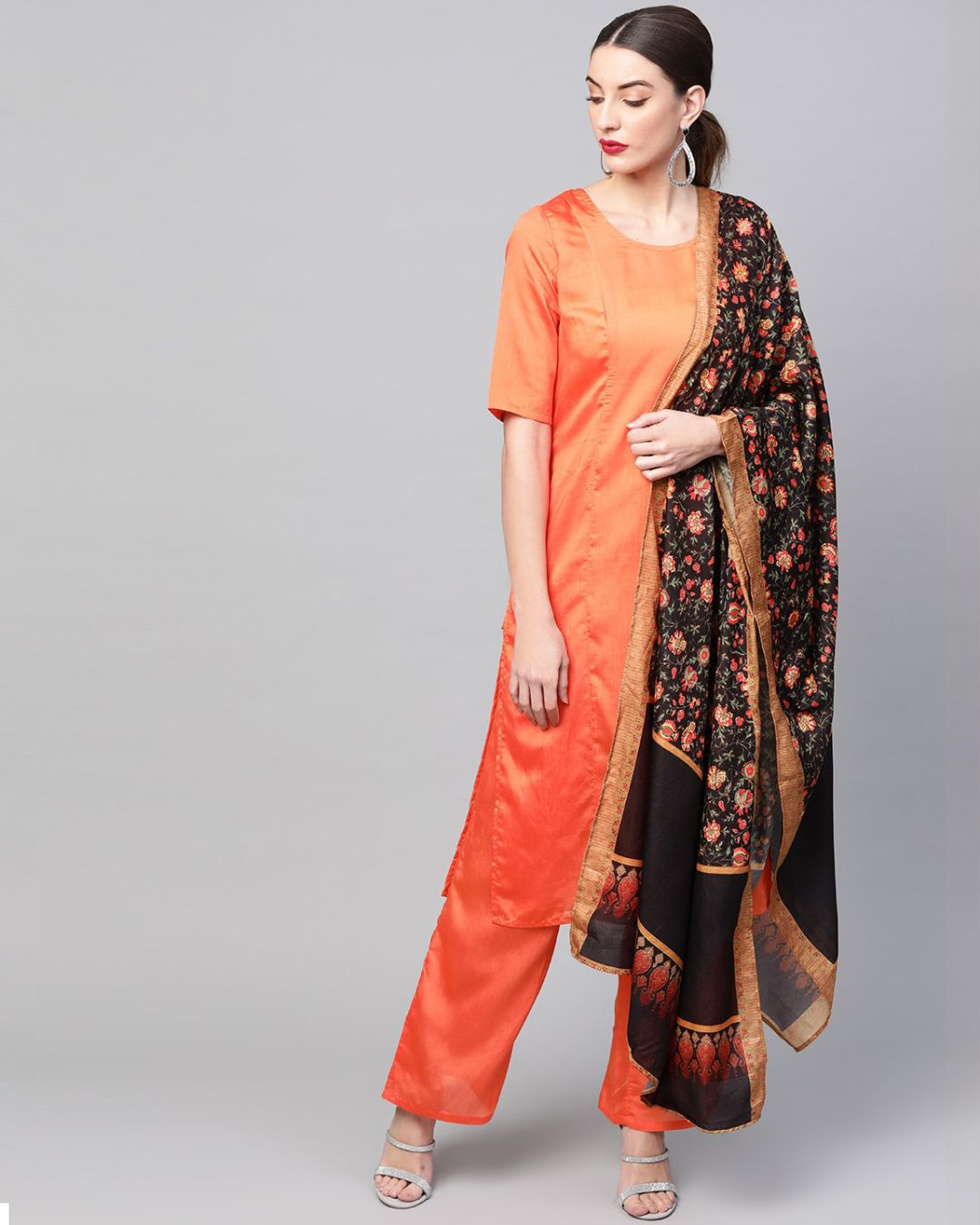 Buy AKS Orange Solid Kurta Set With Digital Printed Dupatta Online in ...