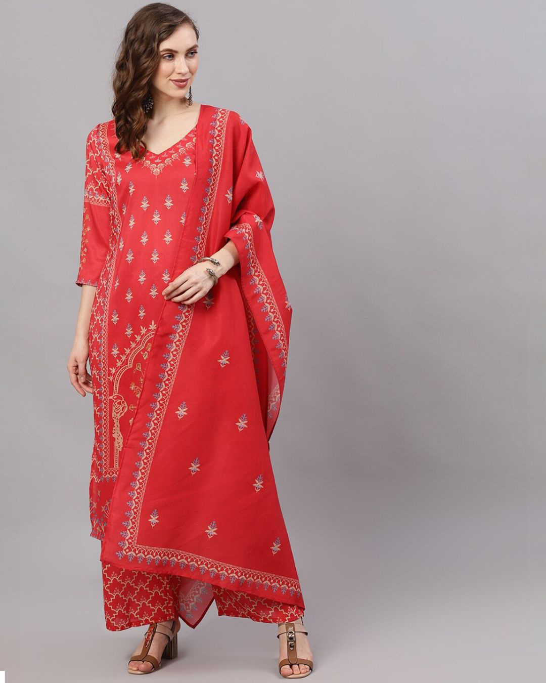 Buy AKS Red Digital Placement Print Kurta With Palazzo & Dupatta Online ...