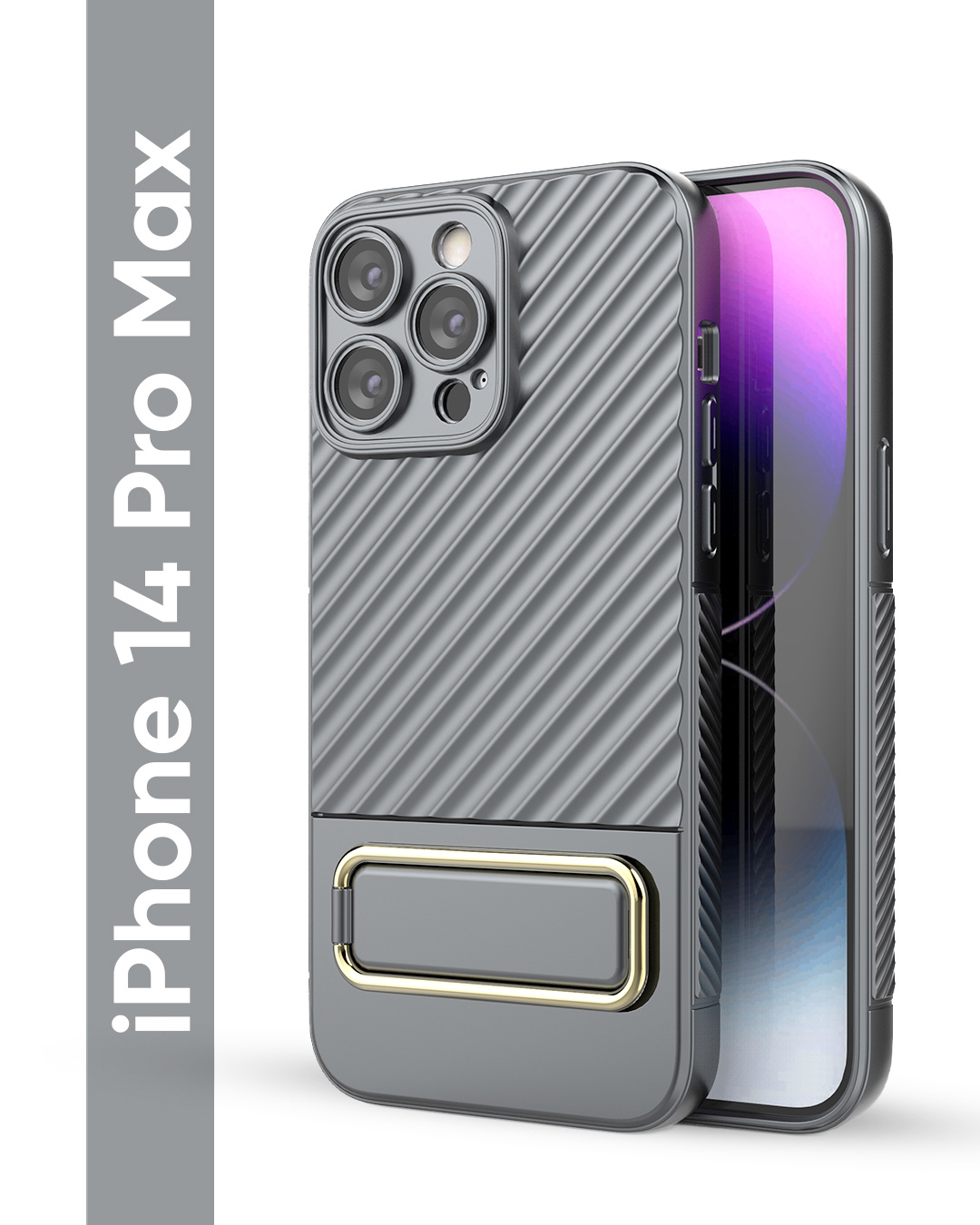 Buy Apple iPhone 14 Pro Max Grey Back Cover With Gold Metal Kickstand ...