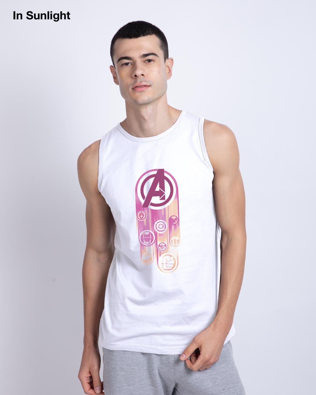 Buy Men's White Avengers Circle Graphic Printed Sun Active Vest Online ...
