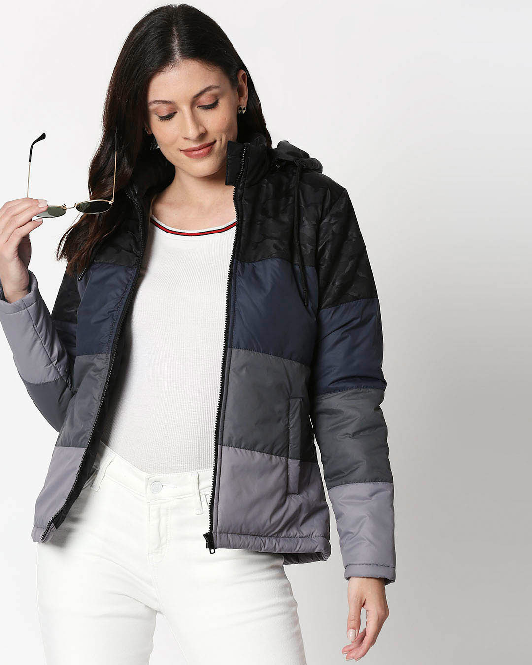 Buy Women's Multicolor Color Block Relaxed Fit Puffer Jacket With ...