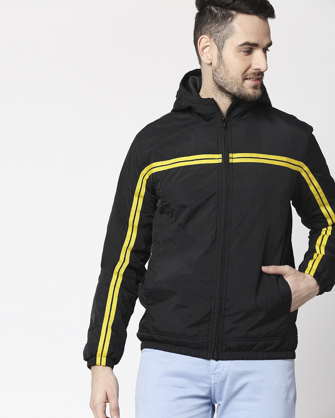 Buy Men's Black Chest Striped Jacket Online at Bewakoof