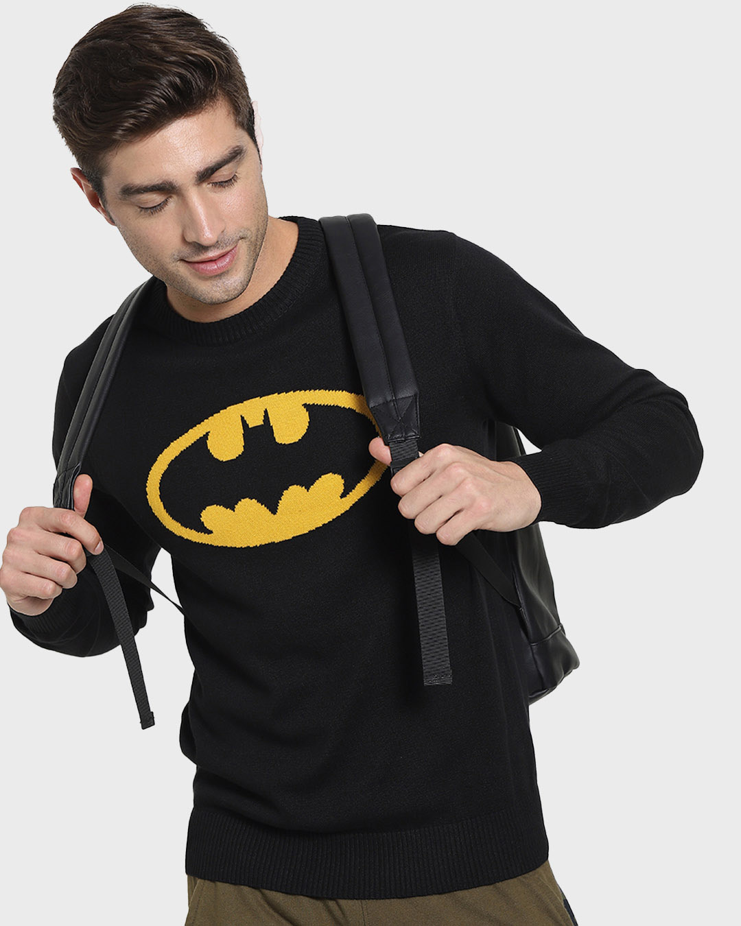 Buy Men's Black Batman Graphic Printed Flat Knit Sweater Online at Bewakoof