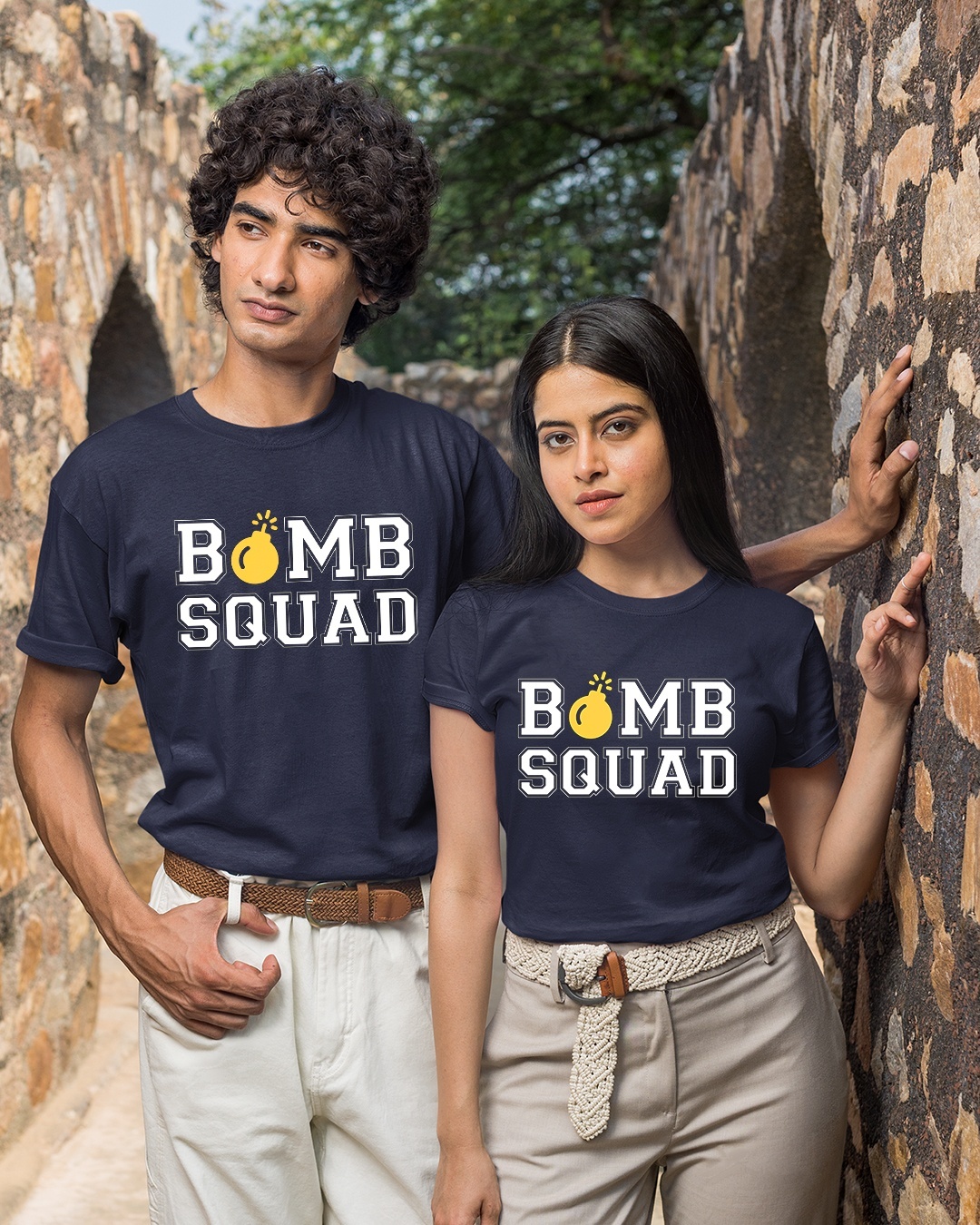 Buy Pack of 2 Unisex Blue Bomb Squad Typography Couple T-shirt Online ...