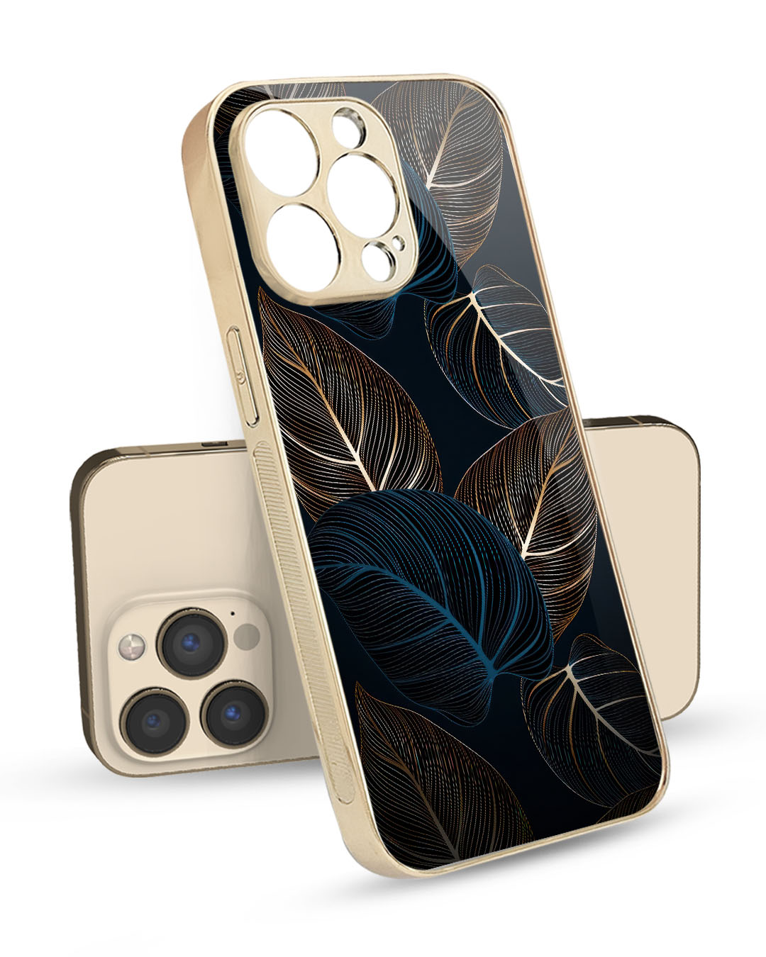 Buy Blue Golden Leaves Metallic Glod Premium Glass Case for Apple ...