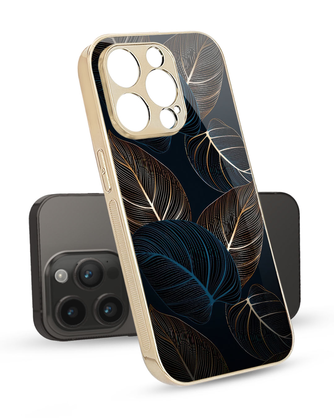 Buy Blue Golden Leaves Metallic Glod Premium Glass Case for Apple ...