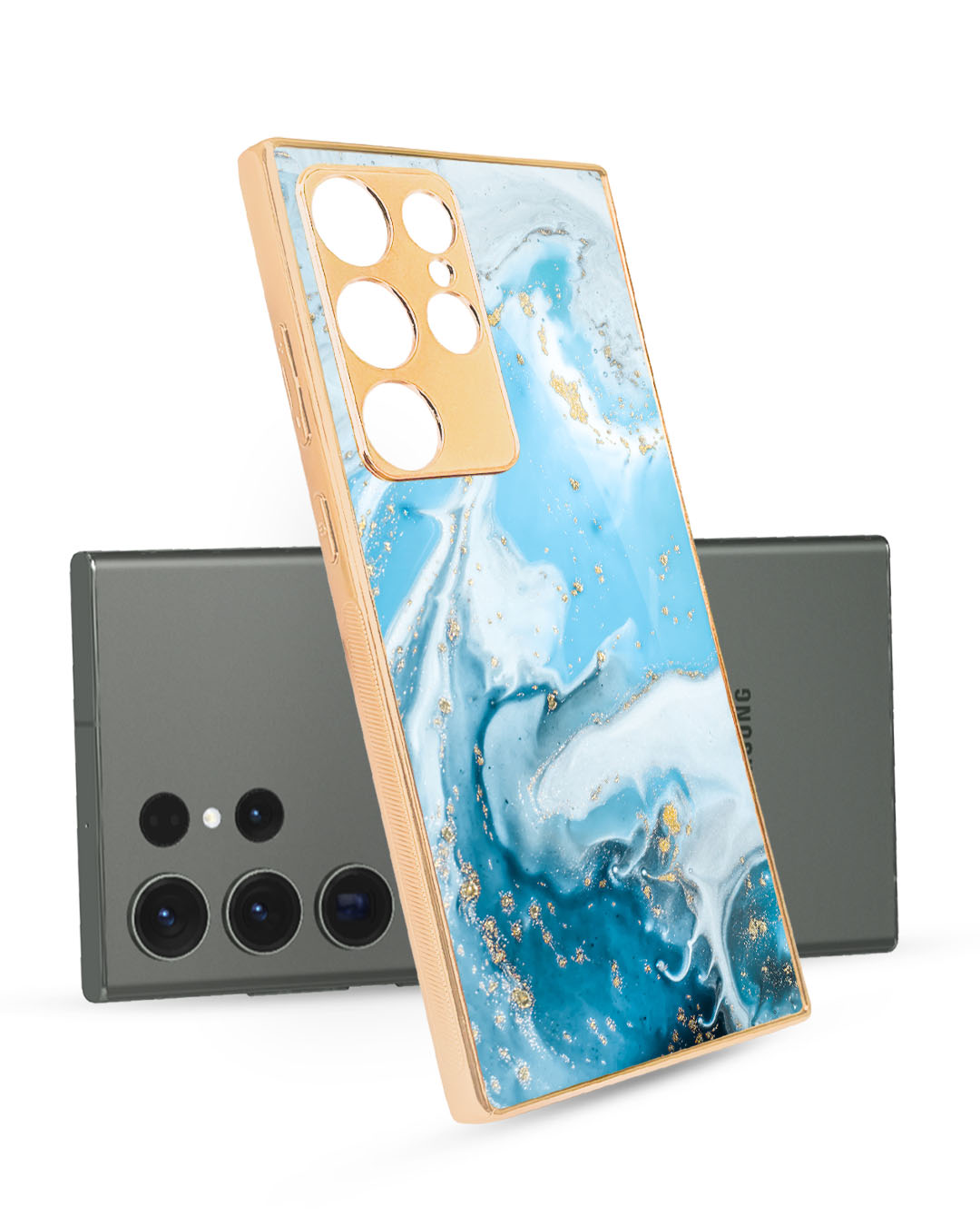 Buy Blue Marble Stone Copper Metallic Gold Premium Glass Case for ...