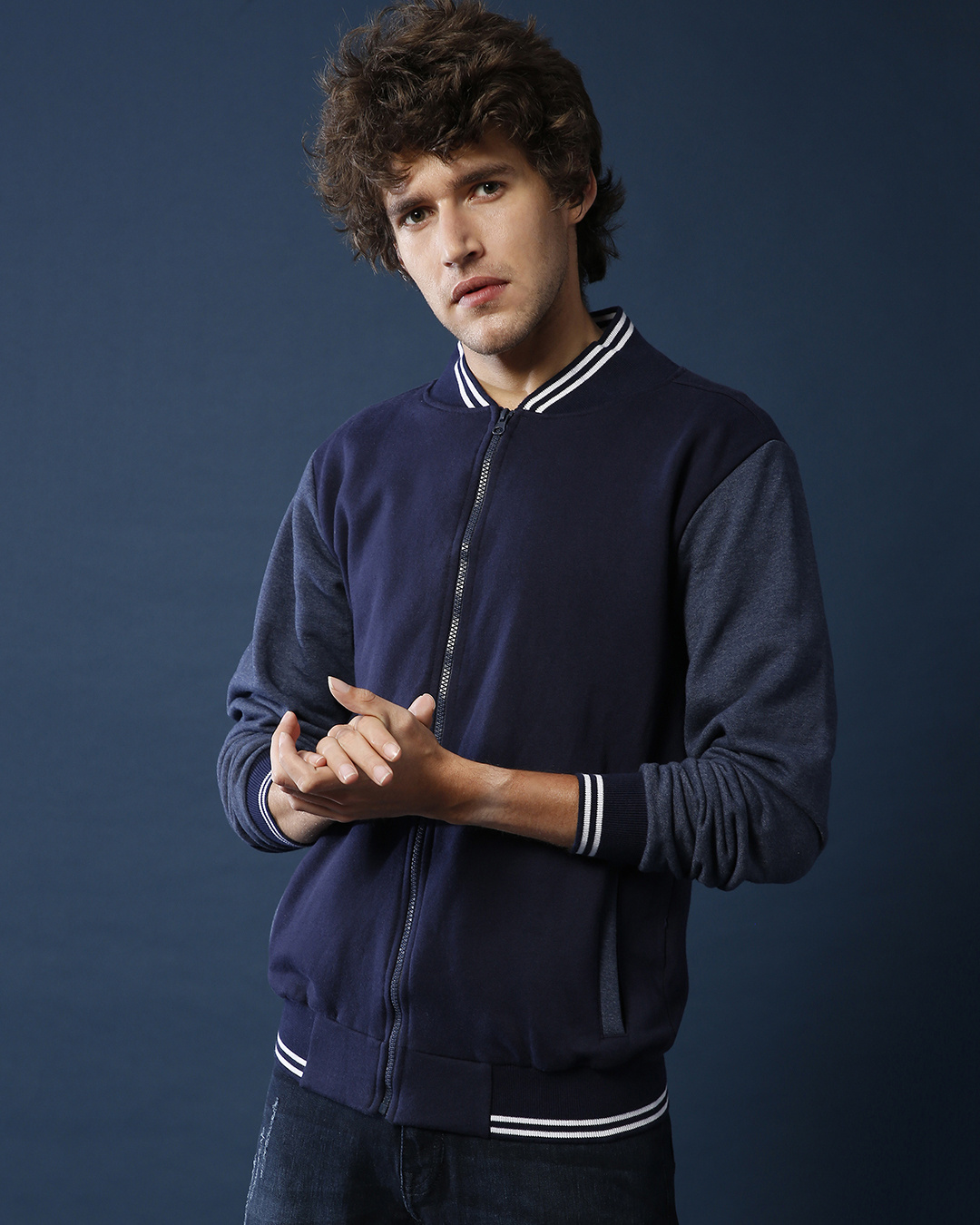 Buy Men's Navy Blue & White Color Block Regular Fit Jacket Online at ...