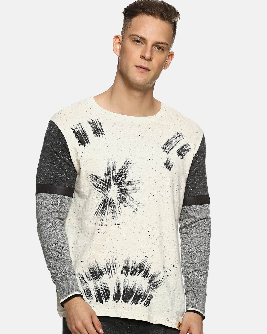 Buy Printed Men's Round Neck Crew Cream Grey Full Sleeve T-Shirt Online ...