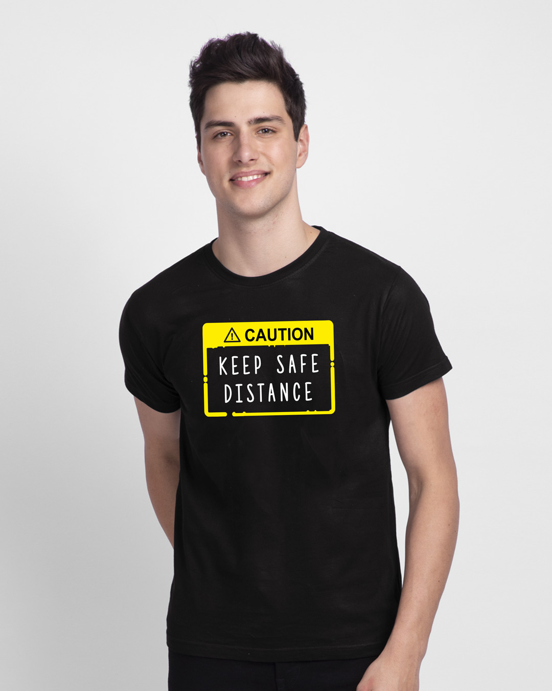 Buy Caution Safe Distance Half Sleeve T-Shirt Black Online at Bewakoof