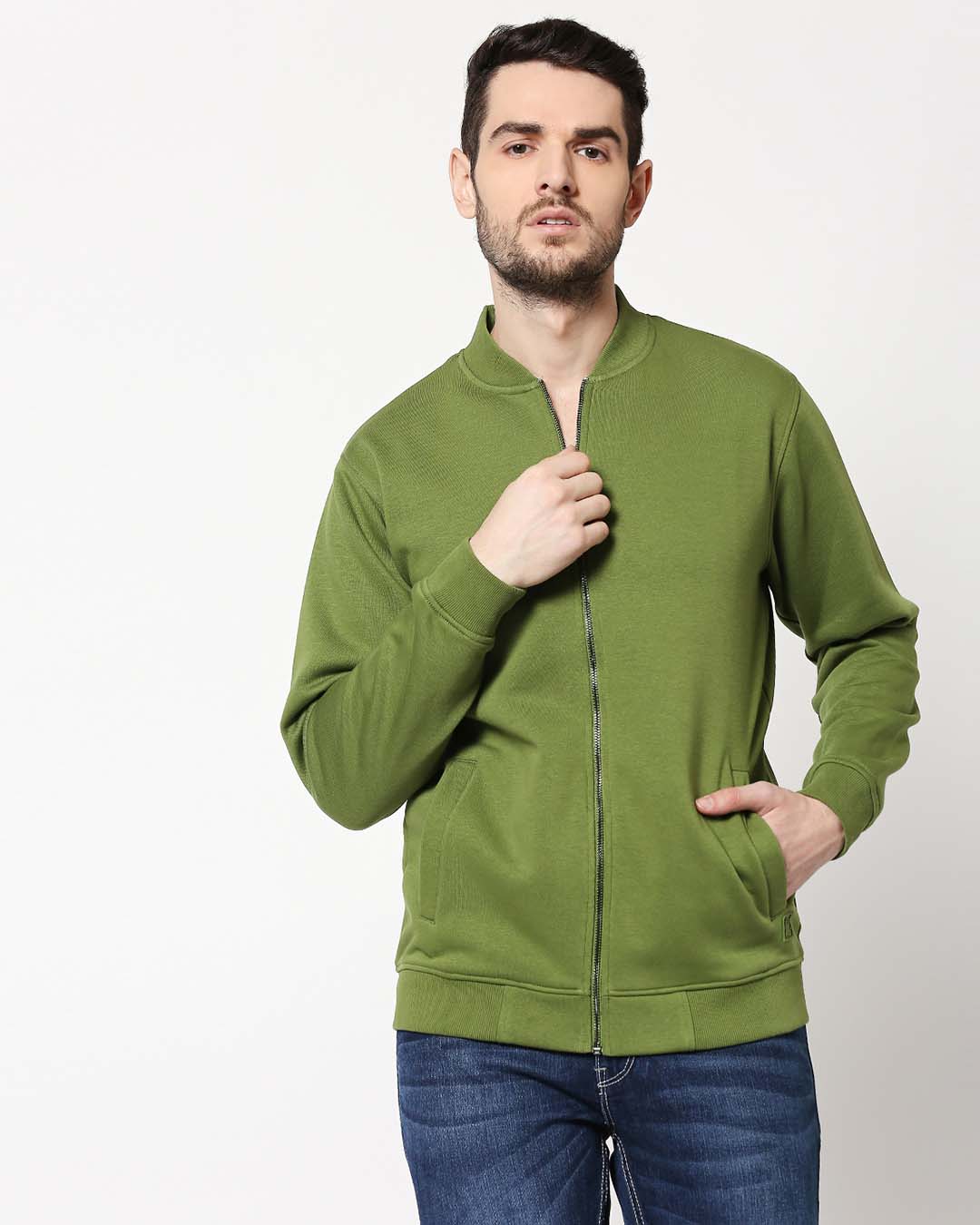 Buy Men's Cedar Green Zipper Bomber Jacket Online at Bewakoof