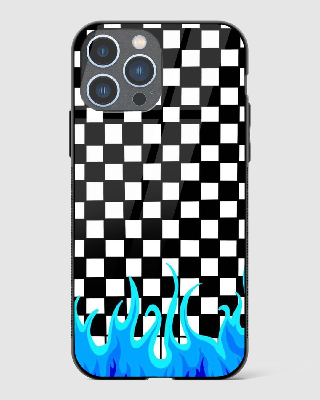 Buy Checkered Blue Flame Premium Glass Case for Apple iPhone 13 Pro Max Online in India at Bewakoof