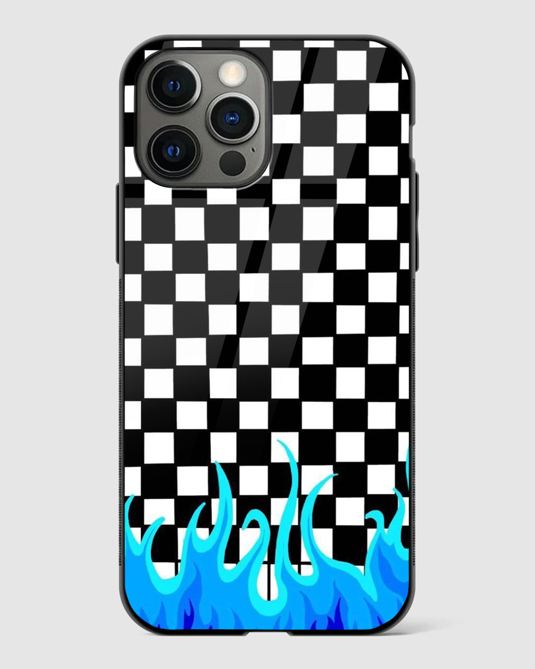 Buy Checkered Blue Flame Premium Glass Case for Apple iPhone 14 Pro Max Online in India at Bewakoof