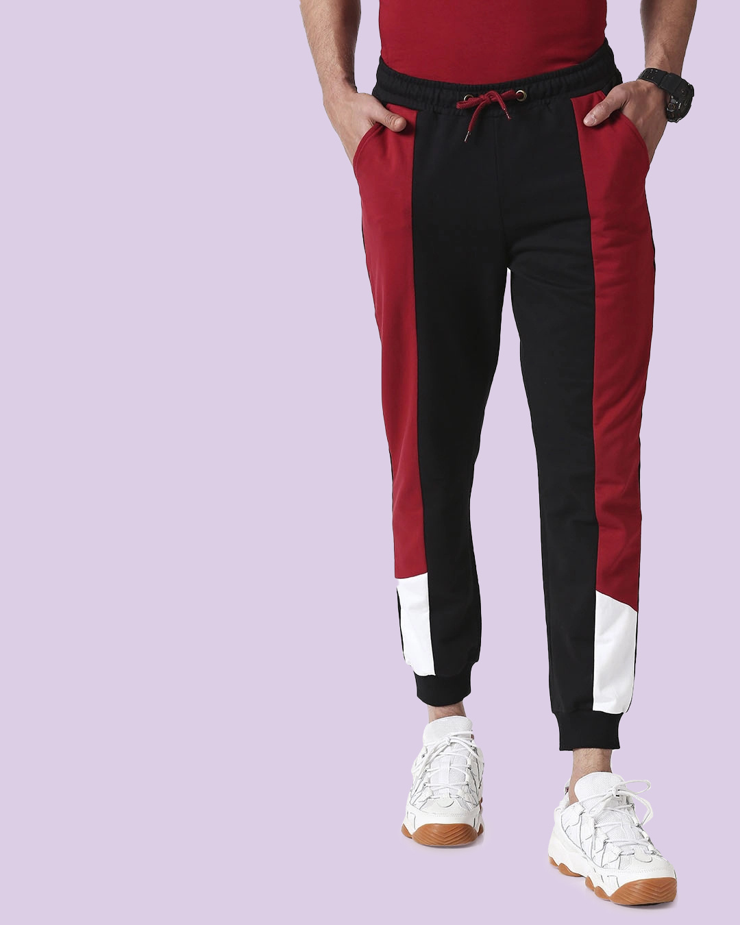 Buy Men's Black & Maroon Color Block Joggers Online at Bewakoof