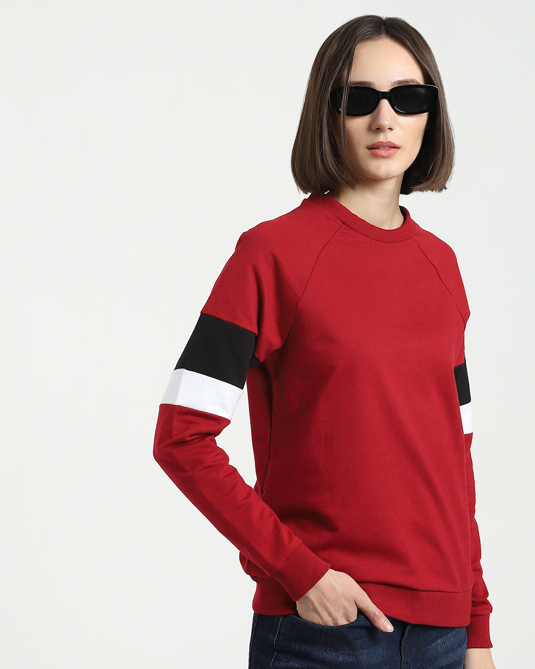 Buy Women's Cherry Red Color Block Sweater Online at Bewakoof