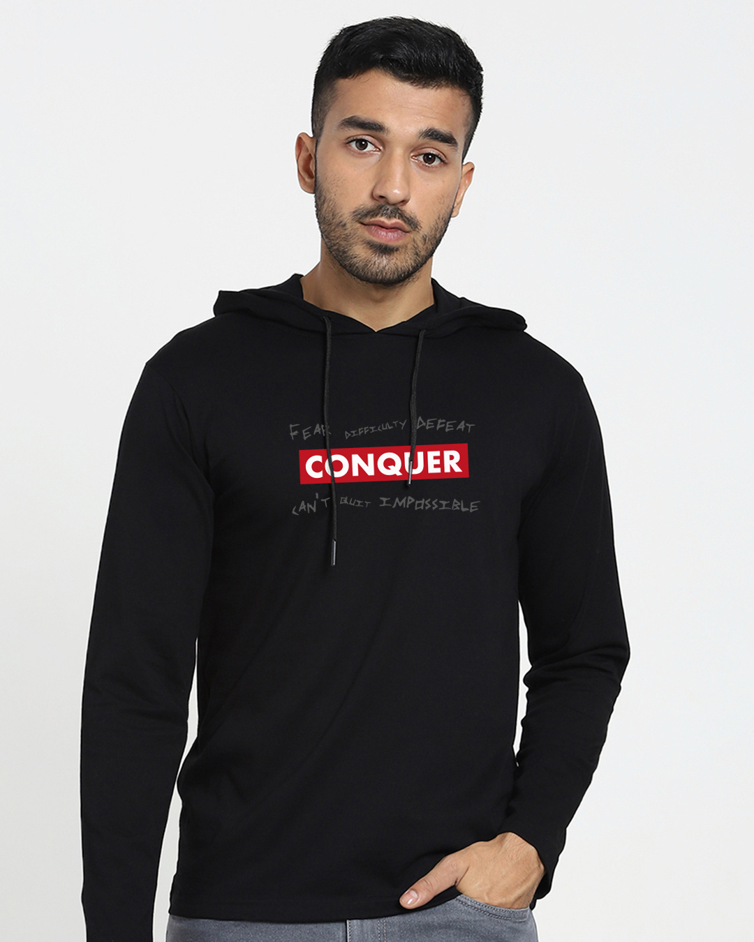 Buy Men's Black Conquer Typography Hoodie T-shirt Online at Bewakoof