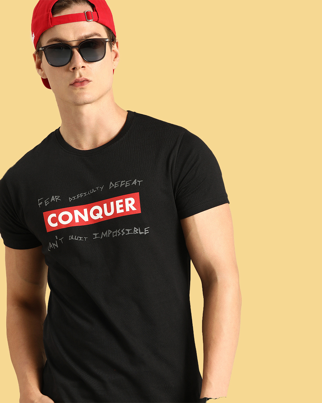 Buy Men's Black Conquer Typography T-shirt Online at Bewakoof