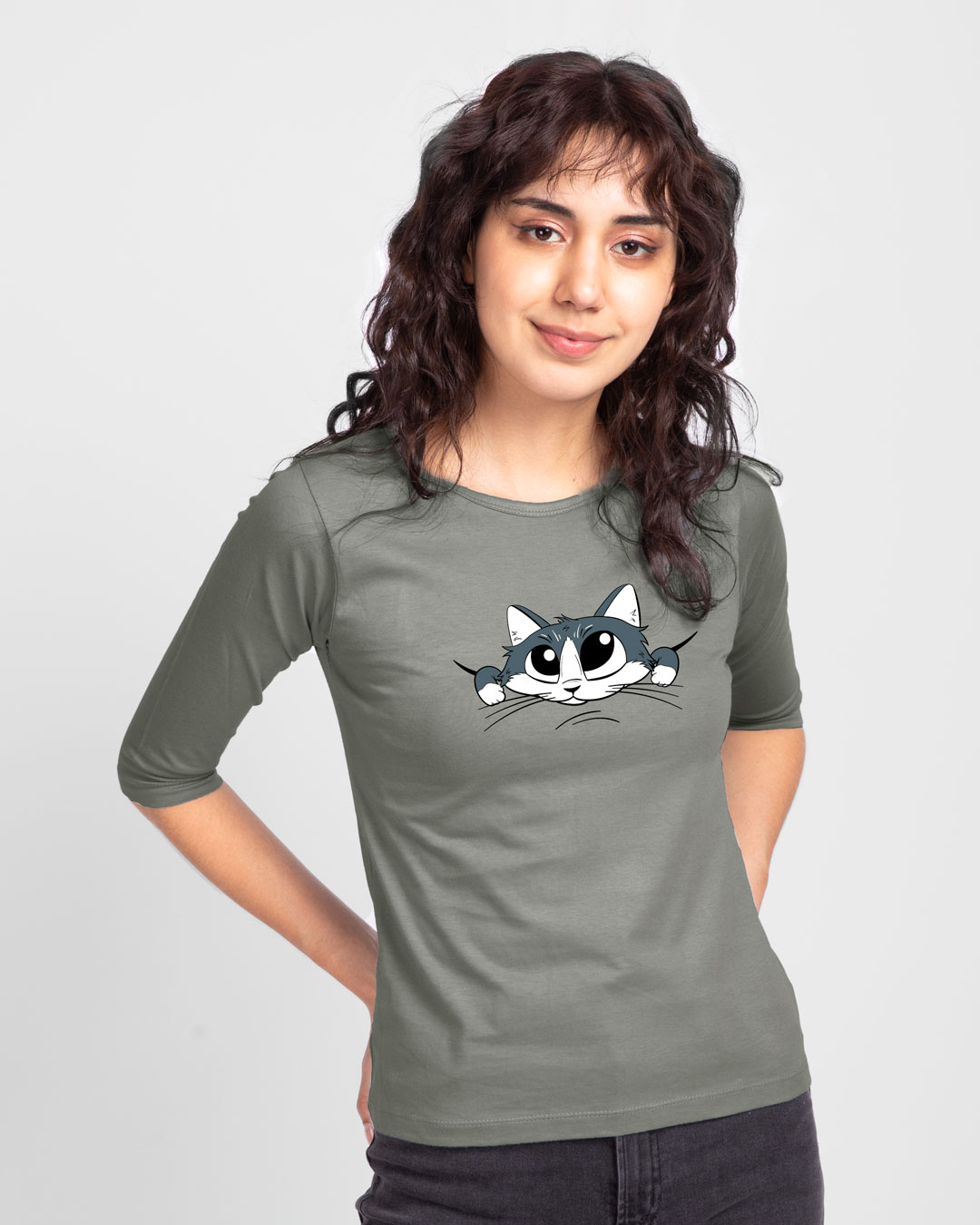 Buy Cute Peeking Cat Round Neck 3/4 Sleeve T-Shirt Meteor Grey Online ...