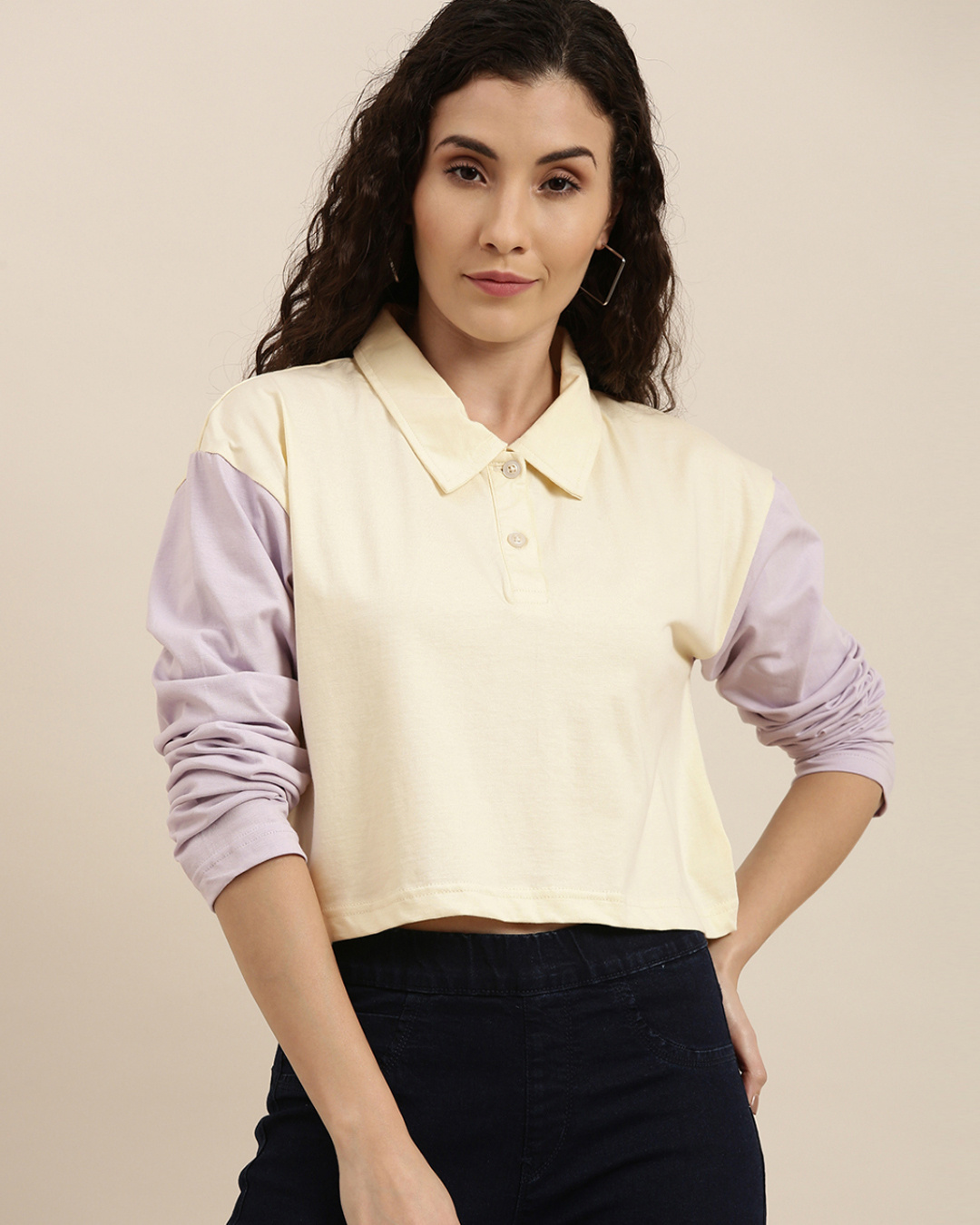 Buy Womens Cream Colourblock Boxy Fit Crop T Shirt Online At Bewakoof