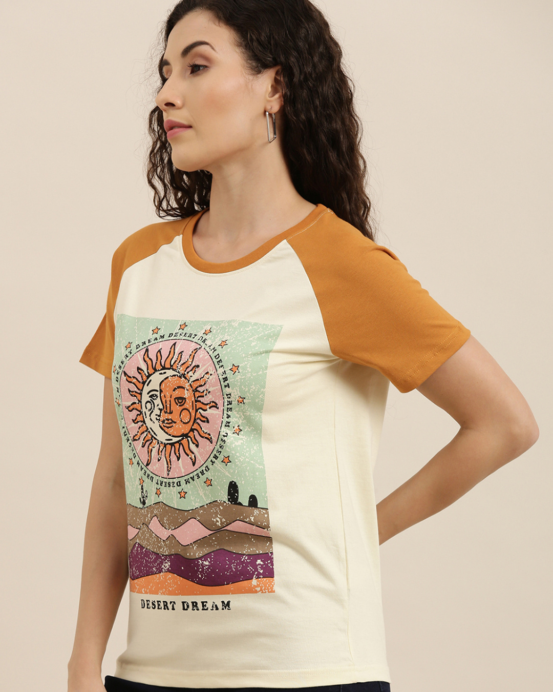 Buy Women's Cream Graphic Print Slim Fit T-shirt Online at Bewakoof