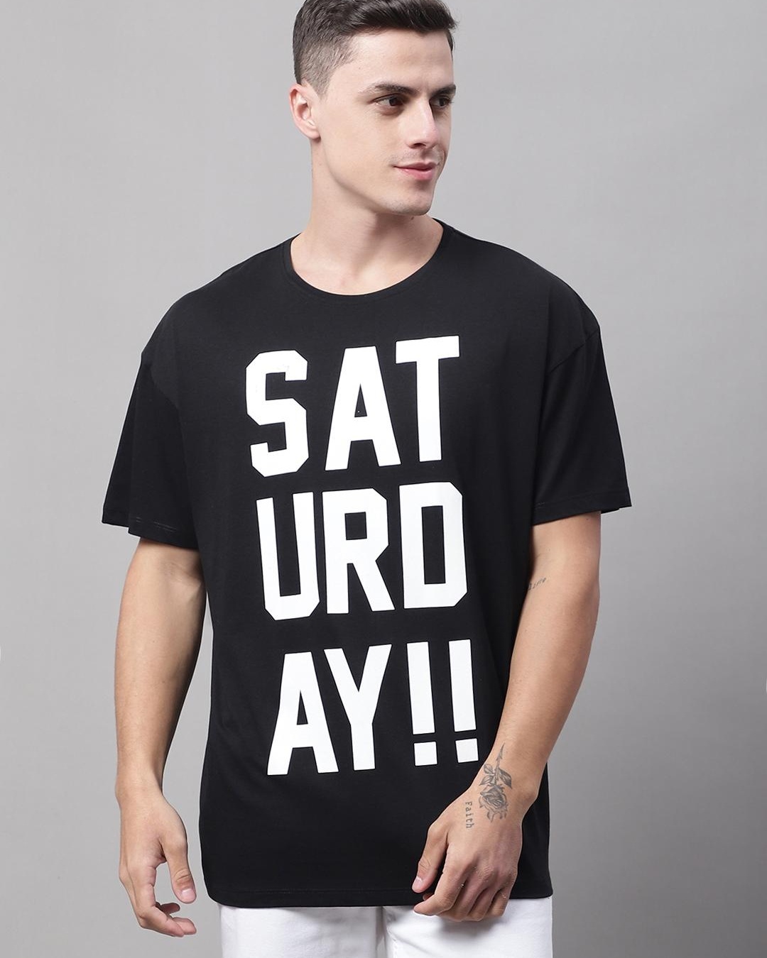 Buy Men's Black Saturday Typographic Oversized T-shirt Online in India ...