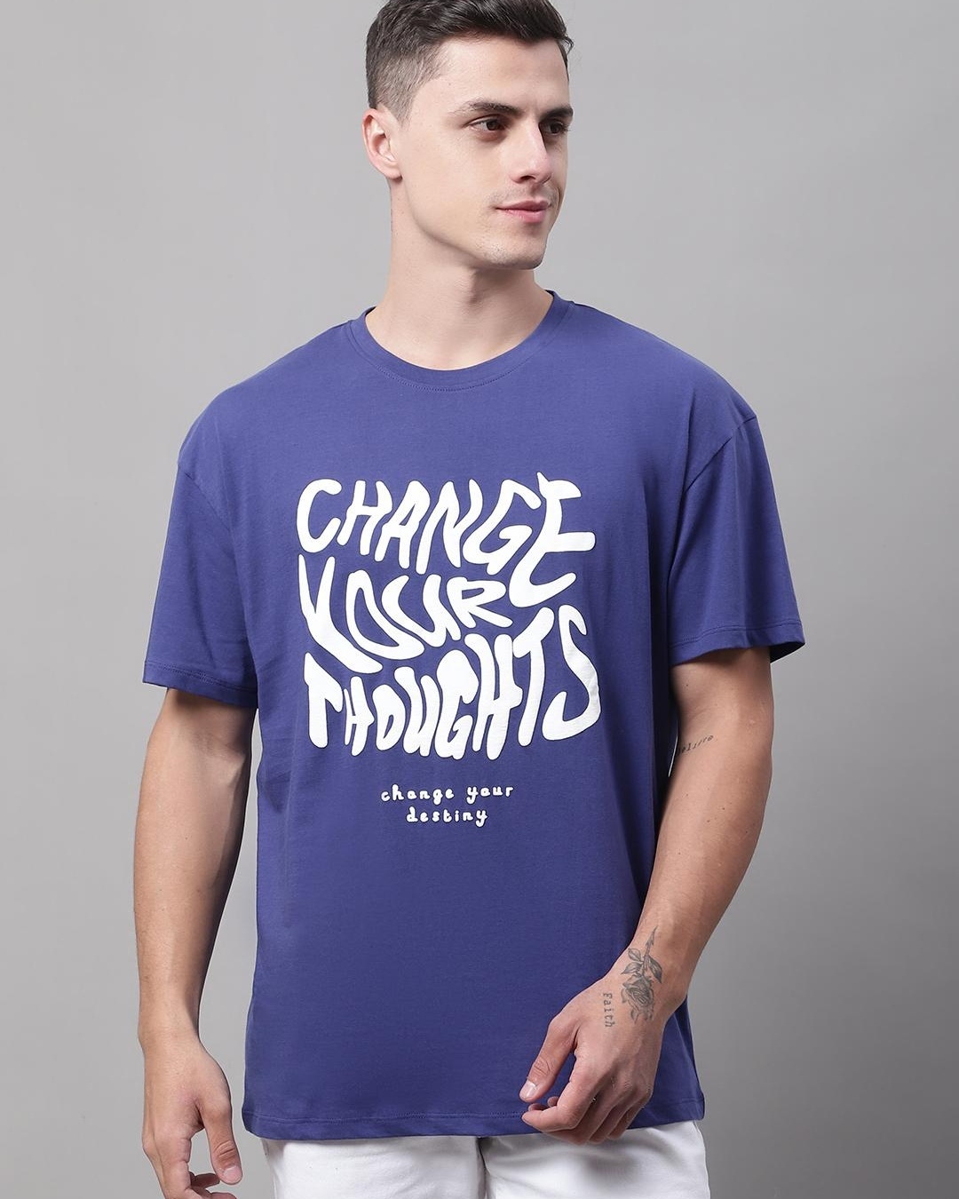 Buy Men's Blue Change Thoughts Typography Super Loose Fit T-shirt ...