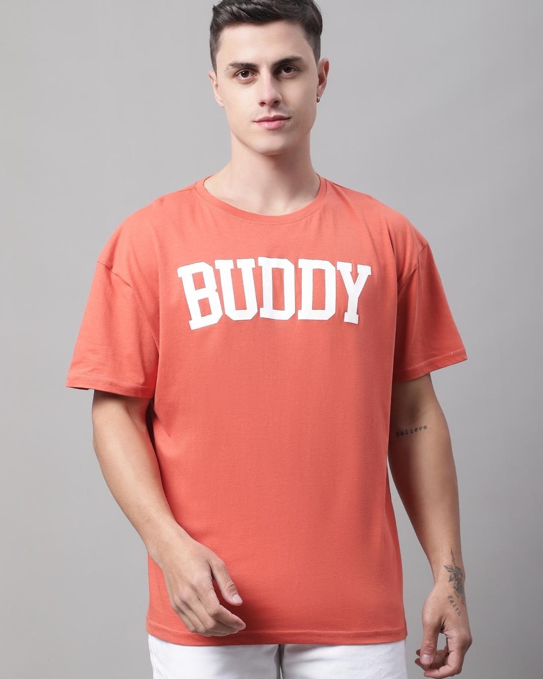 Buy Men's Orange Buddy Typography Super Loose Fit T-shirt Online at ...
