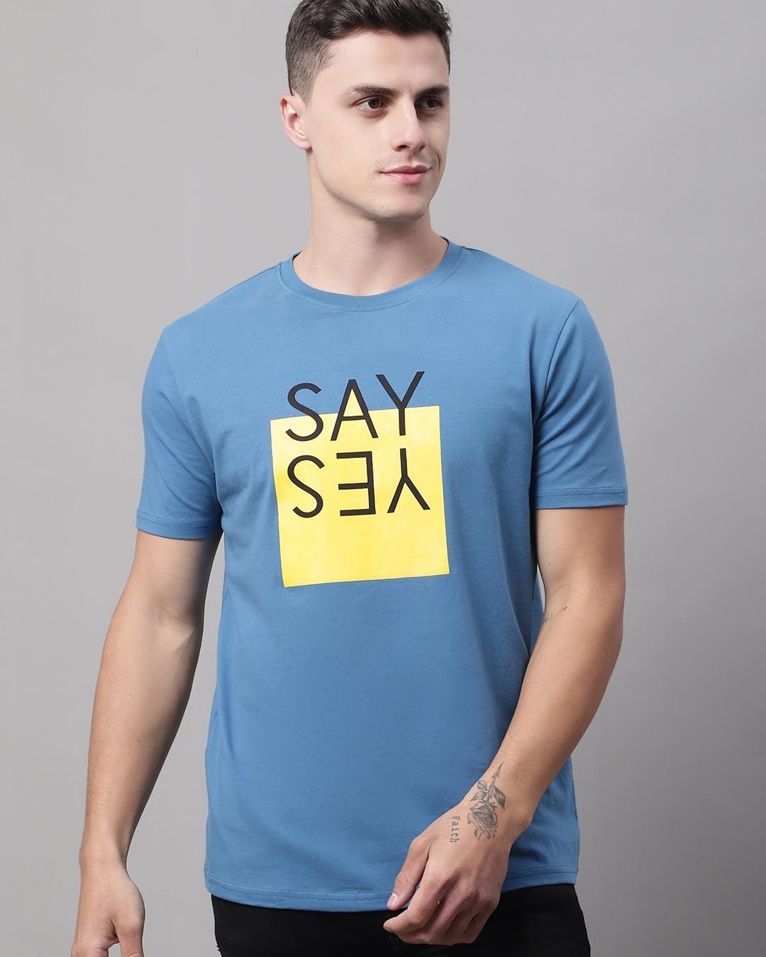 Buy Men's Blue Say Yes Typographic T-shirt Online at Bewakoof