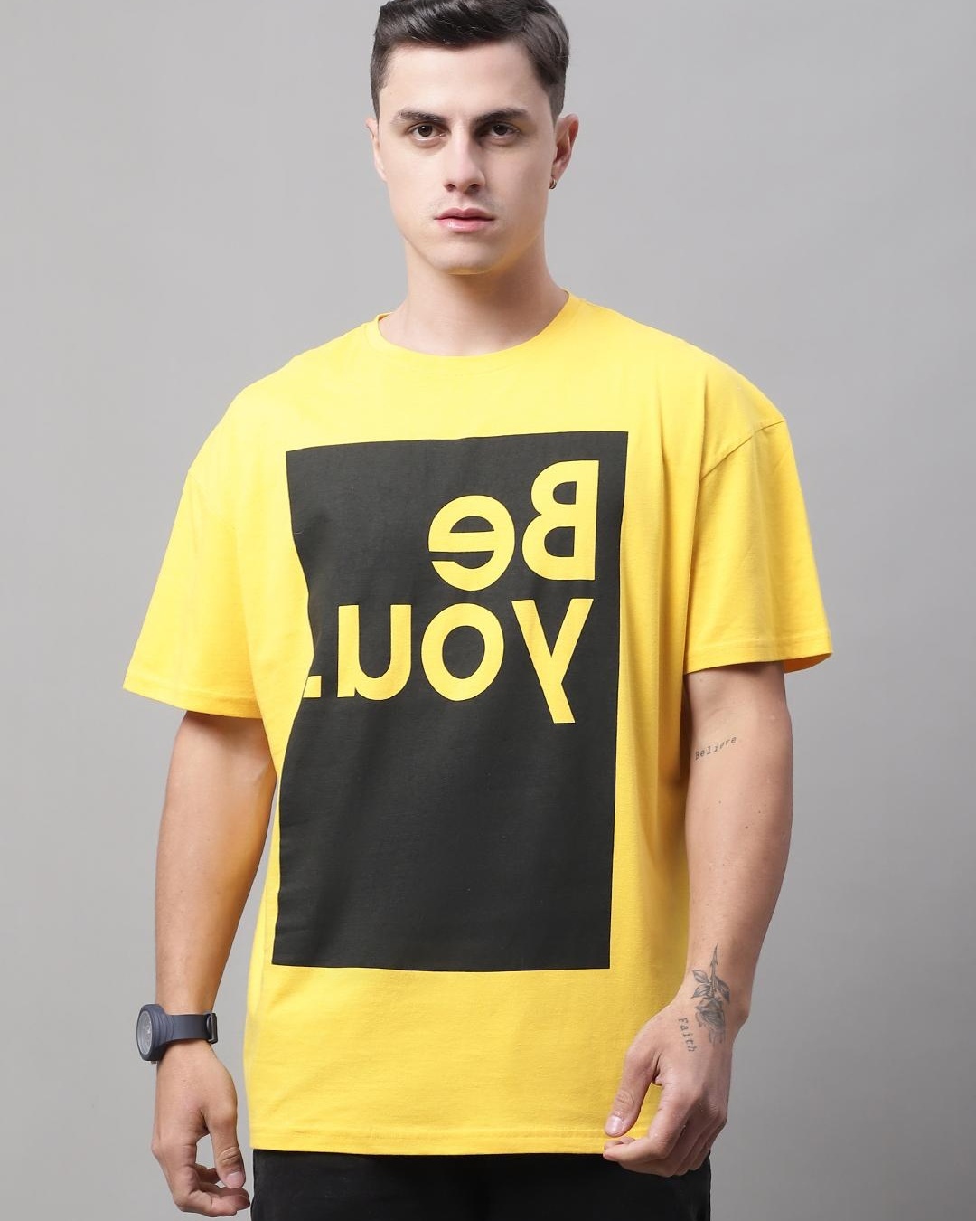 Buy Men's Yellow Be You Typography Super Loose Fit T-shirt Online at ...