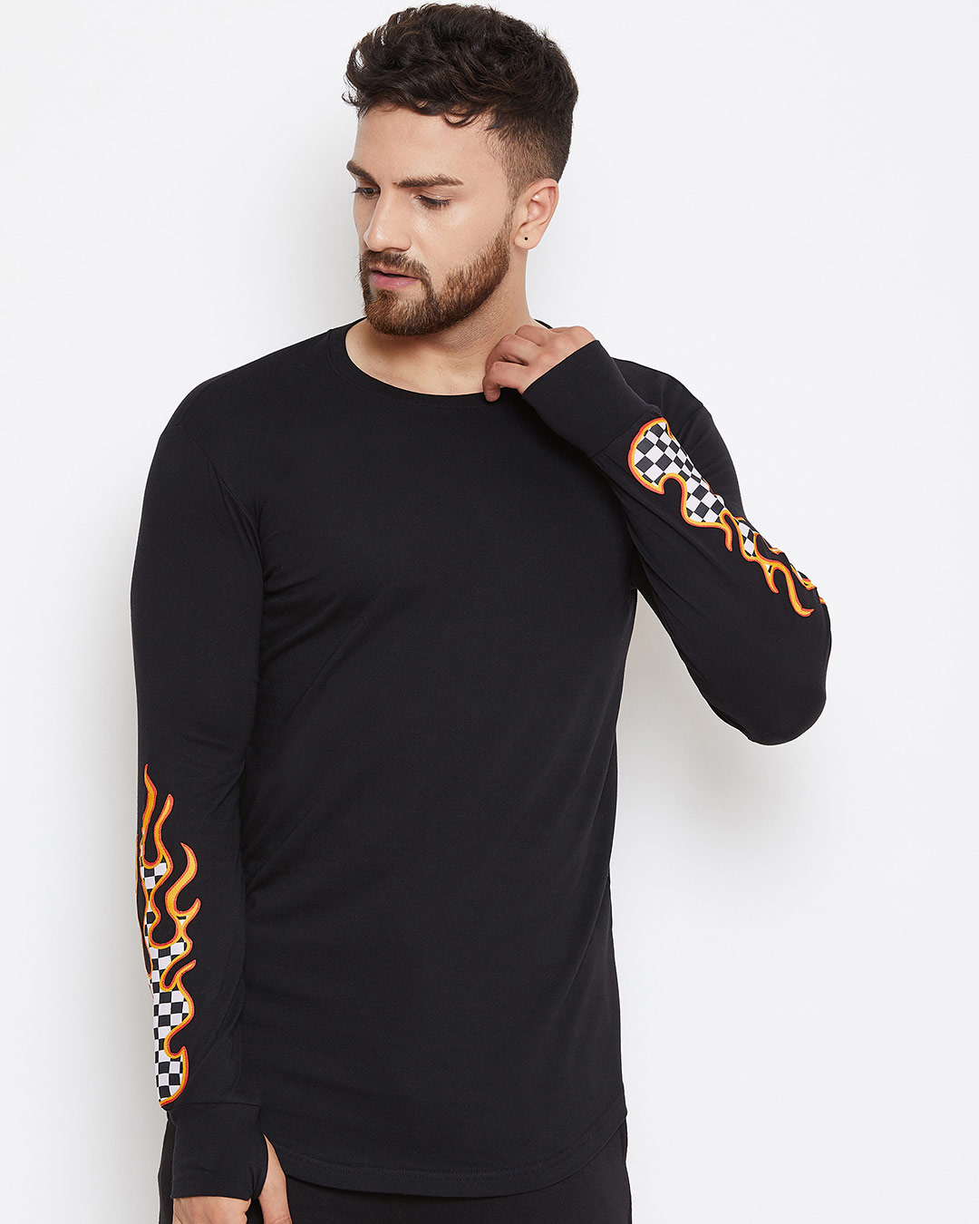 Buy Men's Black Checkered Flames Patch Thumbhole T-shirt Online at Bewakoof