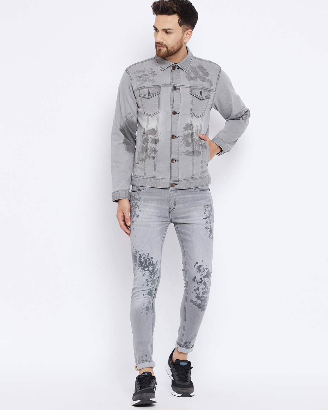 Buy Fugazee Men's Grey Slim Fit Denim Jacket and Jeans Set Online in ...