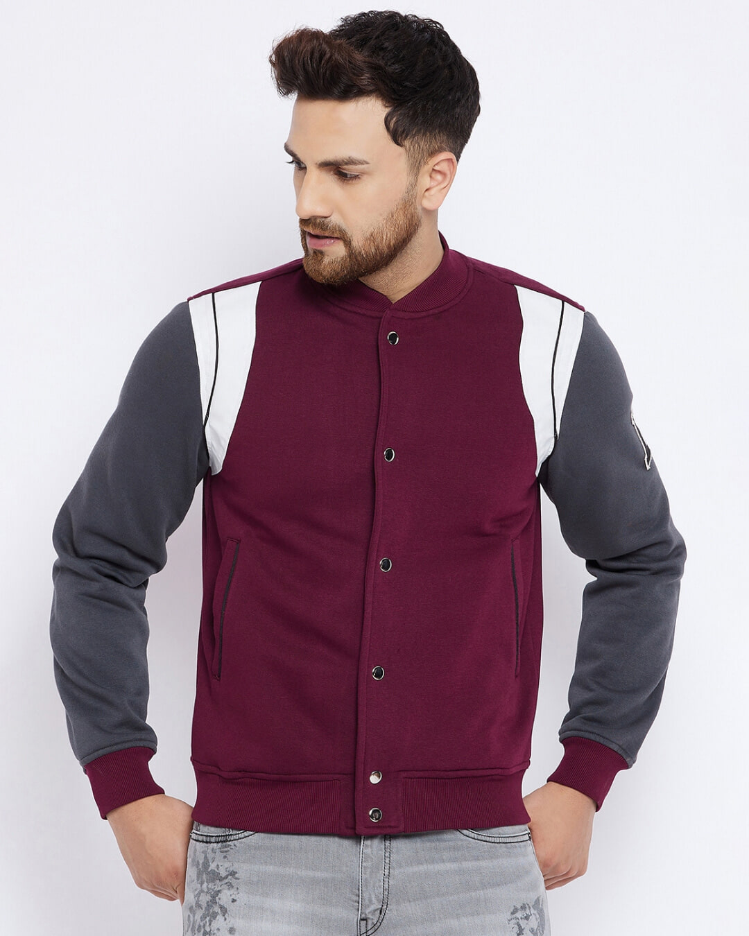 Buy Fugazee Men's Maroon Varsity Slim Fit Bomber Jacket Online at Bewakoof