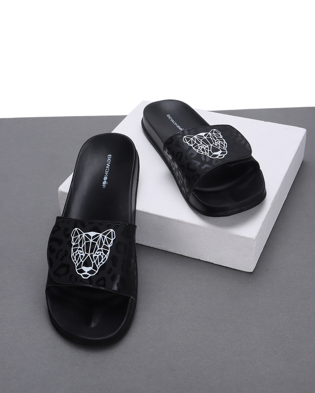 Buy Women's Black Geo Leopard Printed Velcro Sliders Online in India at ...