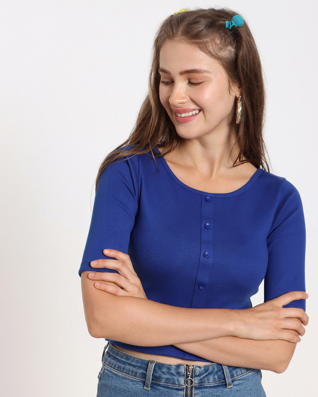 Buy Hashtag Blue Button Down Rib Top Online at Bewakoof
