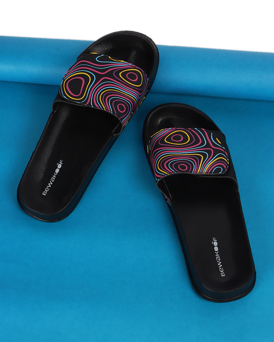 Buy Women's Black Heat Waves Printed Sliders Online in India at Bewakoof