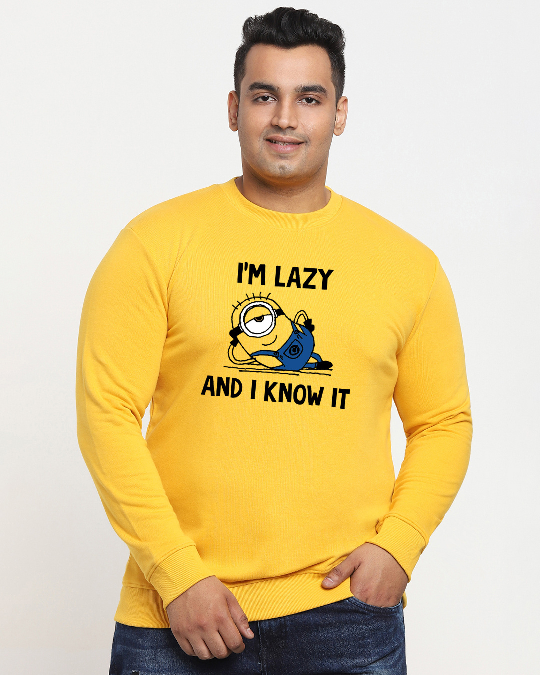 Buy Men's Yellow I Am Lazy Minion Graphic Printed Plus Size Sweatshirt ...