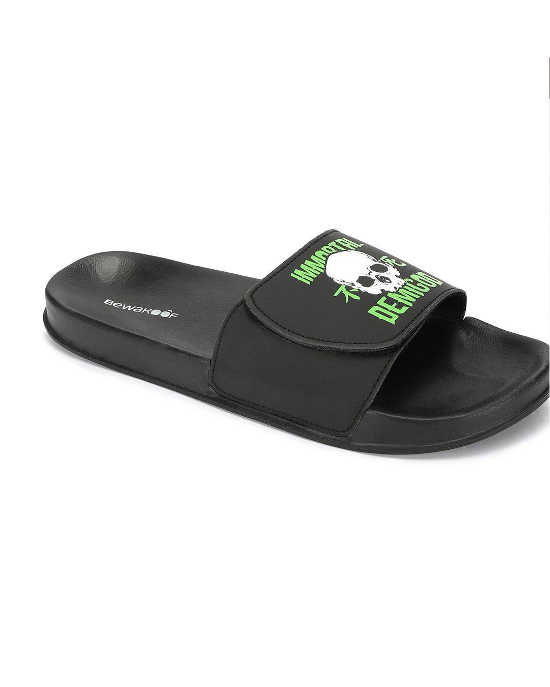 Buy Men's Black Immortal demigod Printed Velcro Sliders Online in India ...