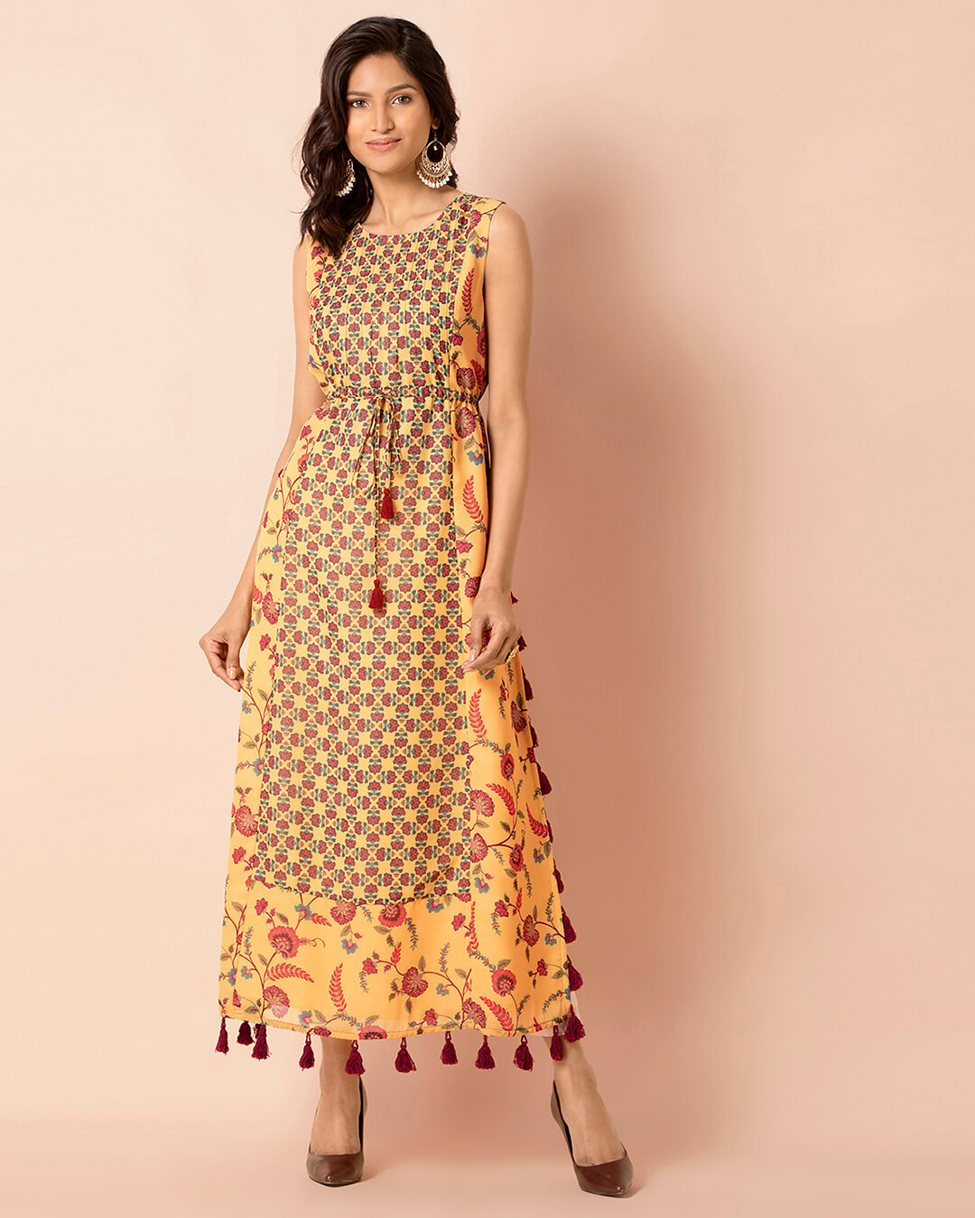 Buy Women's Yellow Floral Tasselled High Slit Maxi Tunic Online at Bewakoof