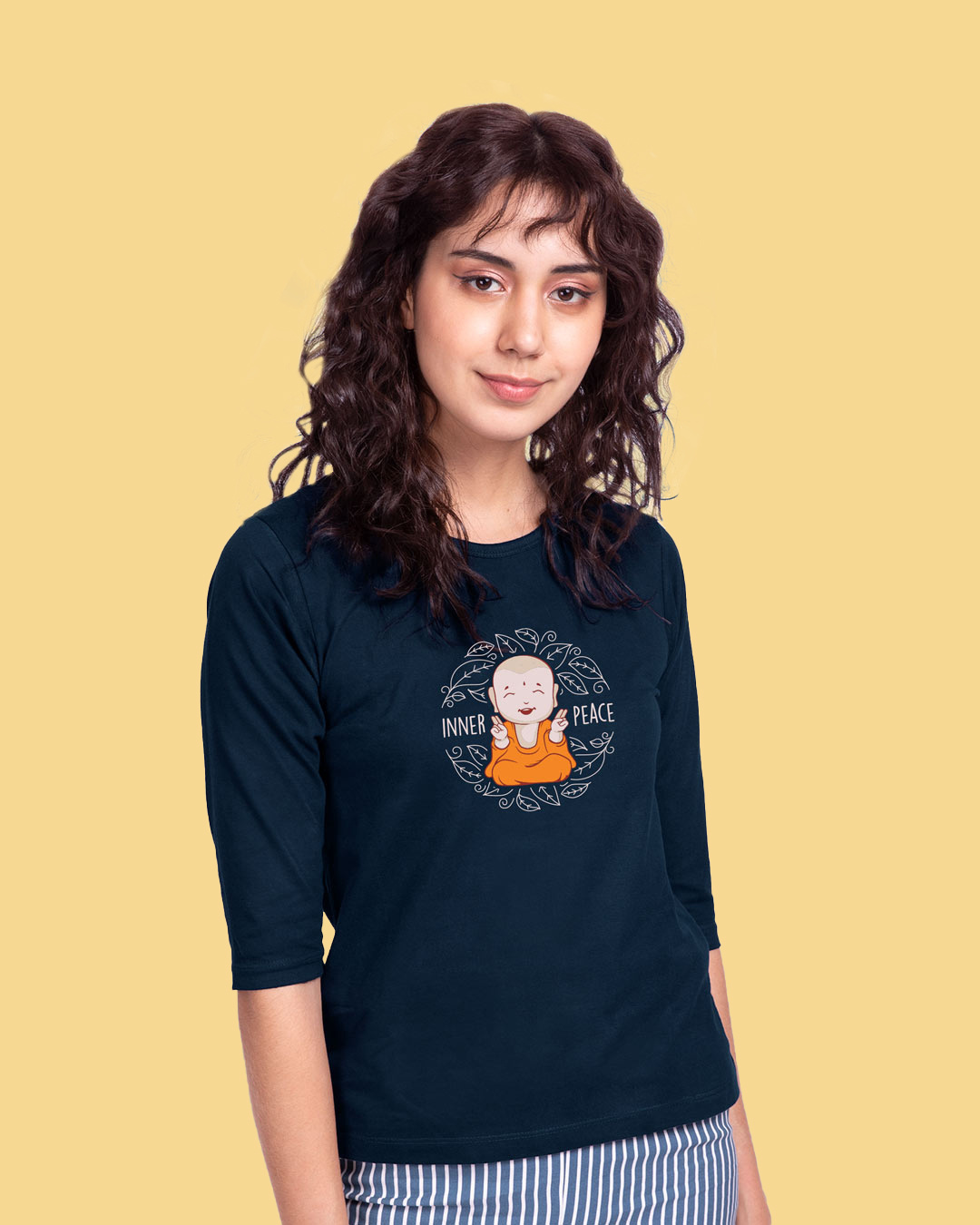 Buy Inner Peace Round Neck 3/4 Sleeve T-Shirt Navy Blue Online at Bewakoof