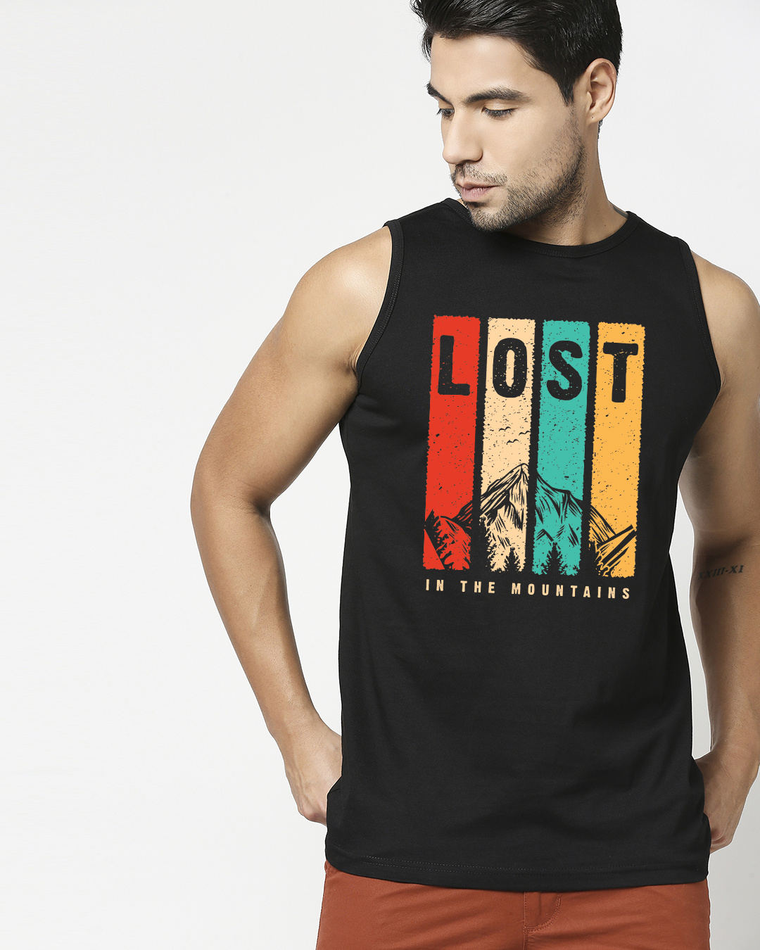 Buy Men's Black Lost Mountains Graphic Printed Vest Online at Bewakoof