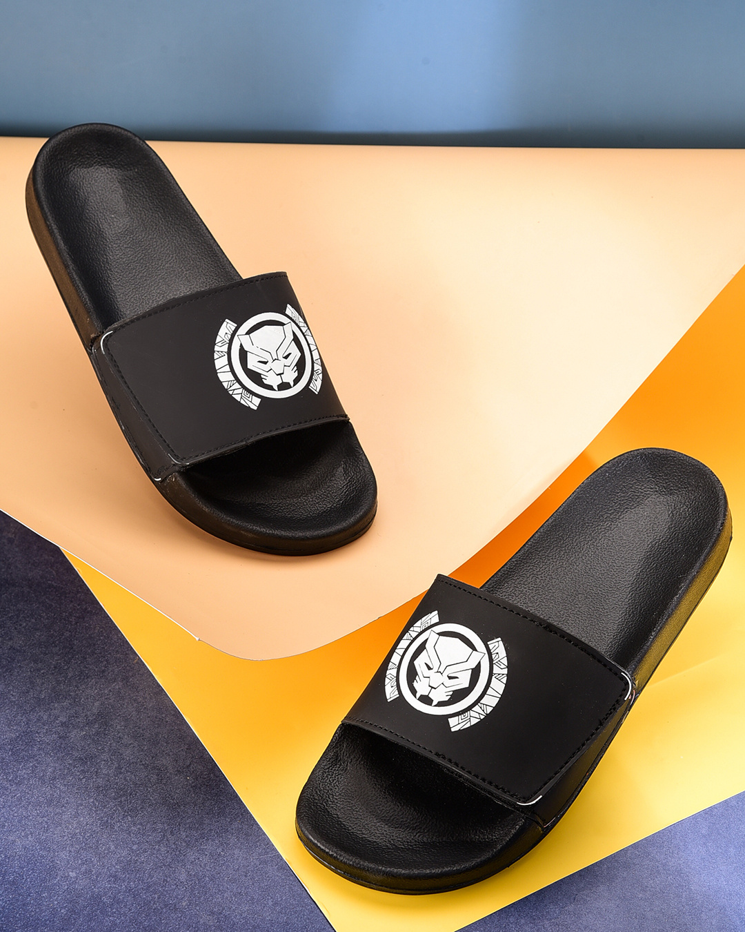 Buy Men Black Panther Graphic Printed Velcro Sliders Online in India at ...