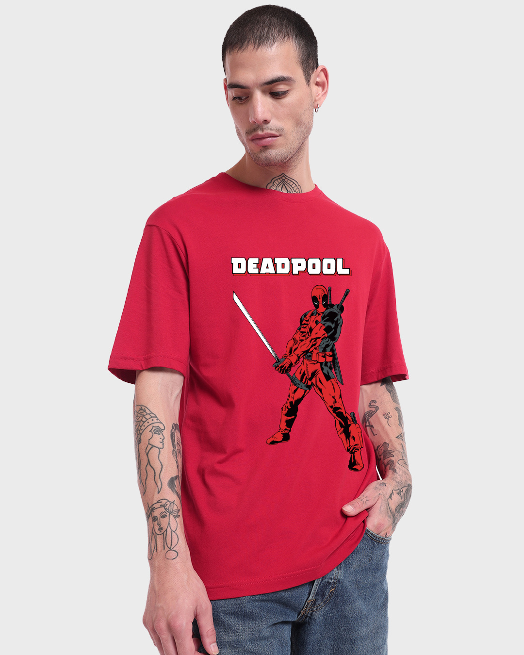 Buy Men's Red Deadpool Sword Graphic Printed Oversized T-shirt Online ...