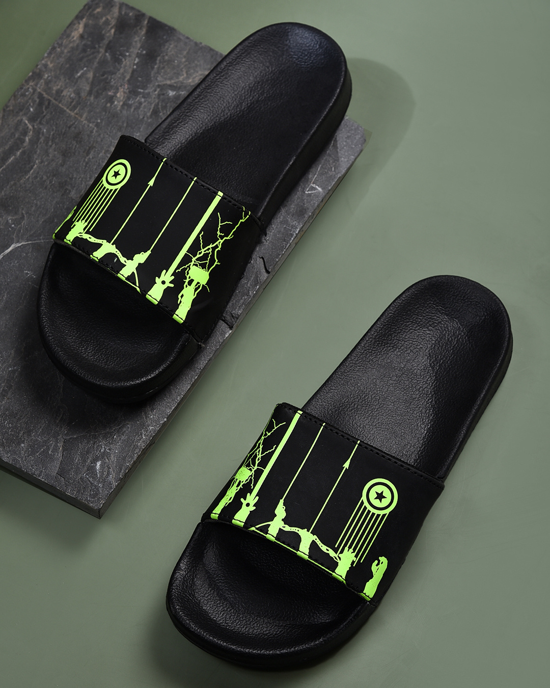 Buy Men Green Marvel Graphic Printed Sliders Online in India at Bewakoof