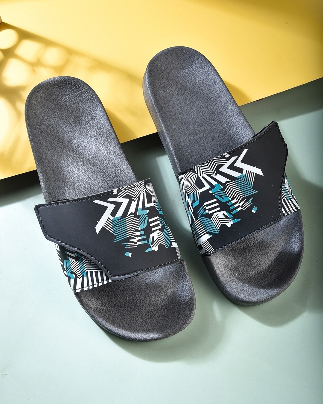 Buy Men Grey Graphic Printed Velcro Sliders Online in India at Bewakoof
