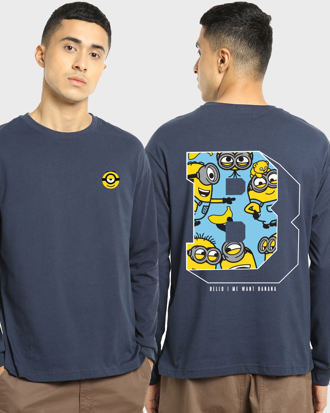 Buy Men's Blue Minions Me Want Banana Graphic Printed Oversized T-shirt ...