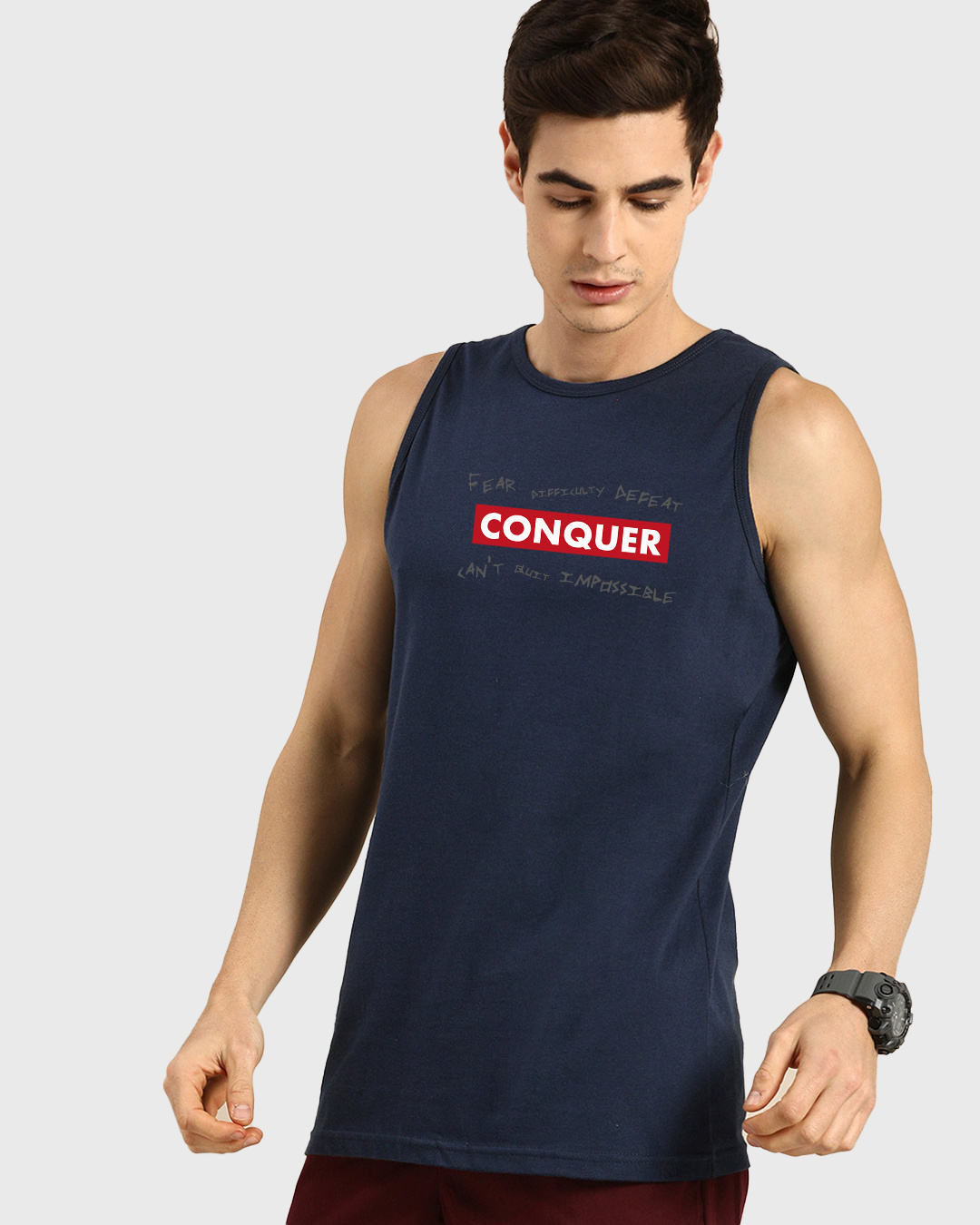Buy Men's Blue Conquer Typography Vest Online at Bewakoof