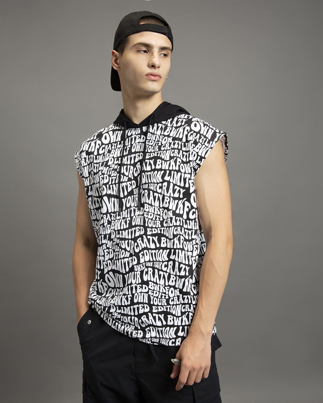 Buy Men's Black & White All Over Printed Oversized Hoodie Vest Online ...