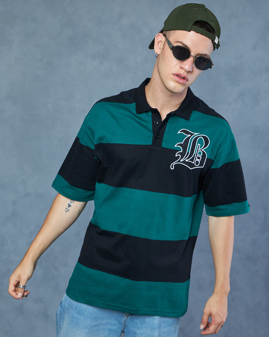 Buy Mens Green And Black B Bold Striped Oversized Polo T Shirt Online At